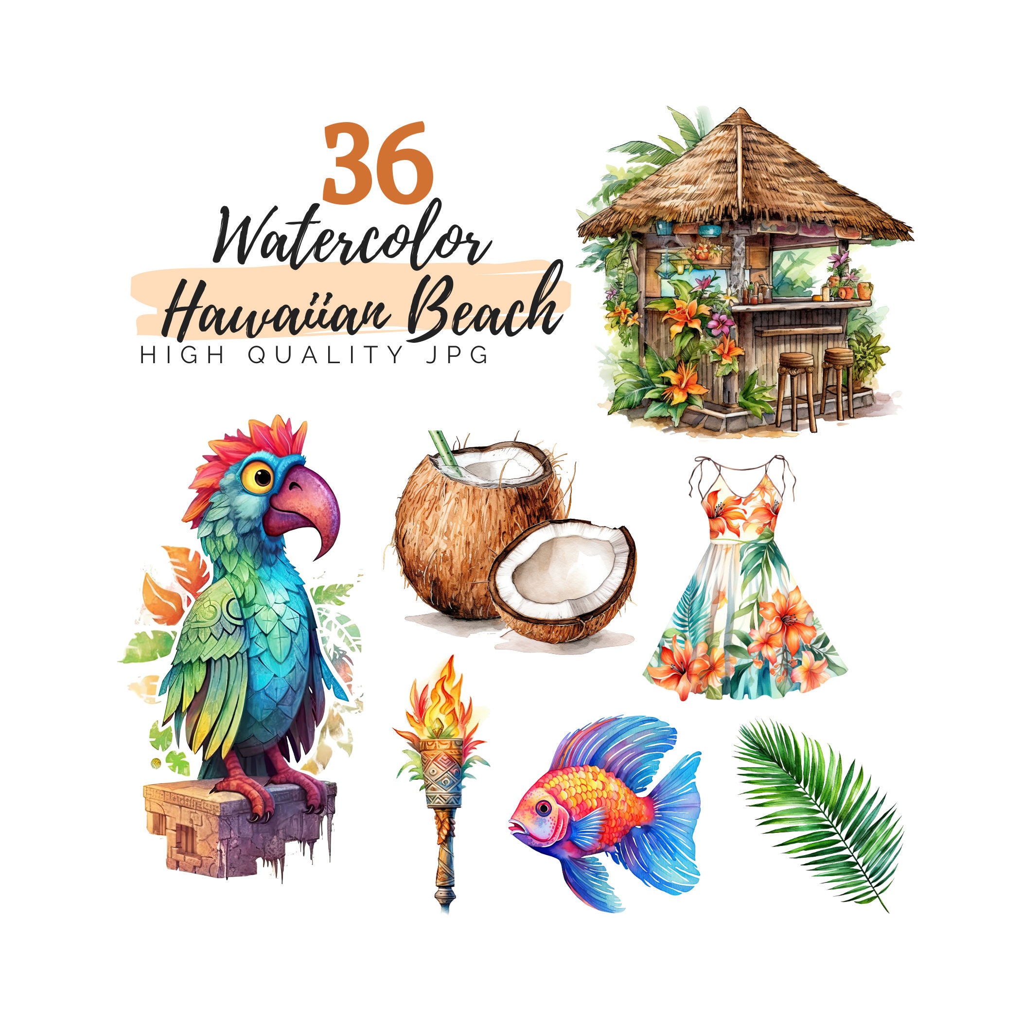 Watercolor Hawaiian Beach Clipart, Hawaii Clipart, Summer Clipart ...