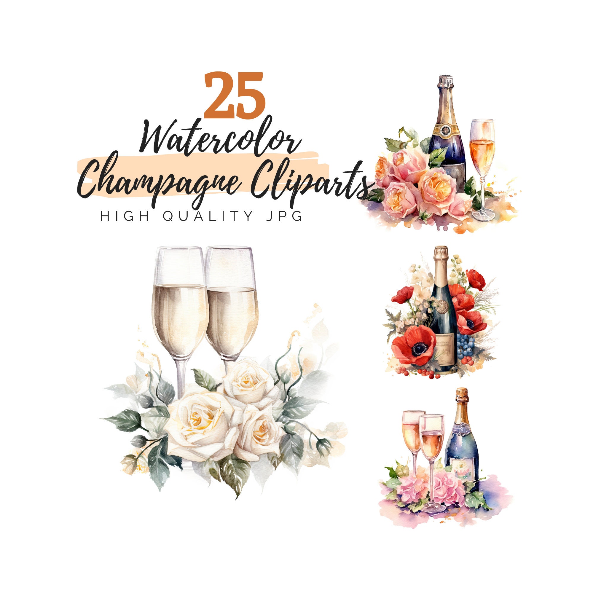 Watercolor Champagne Clipart, Celebration Clipart, High Quality JPG ...
