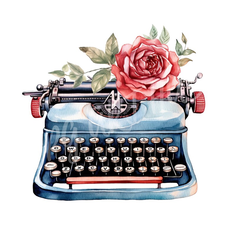 Watercolor Floral Typewriter Clipart Bundle, Vintage Typing Machine ...