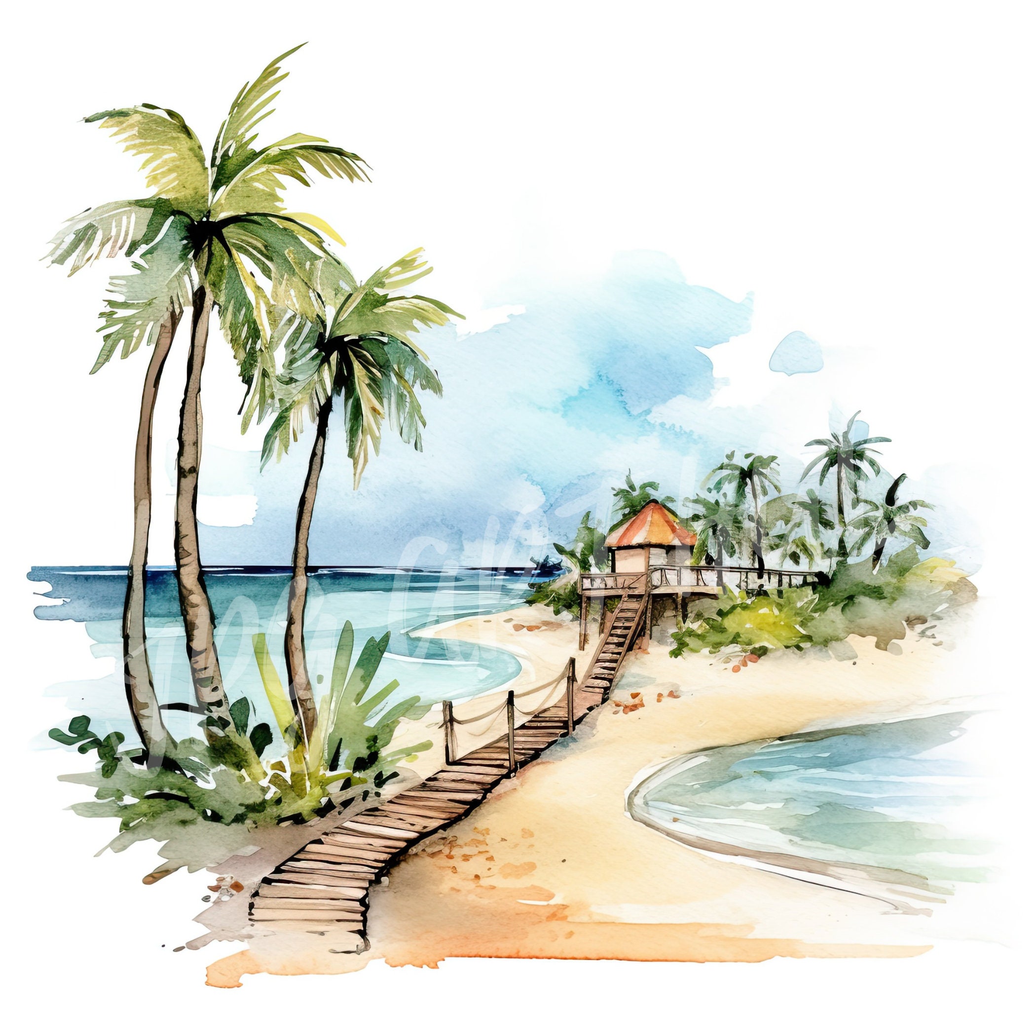 Watercolor Beach Clipart, Vacation Clipart, Ocean Landscape, Beach ...
