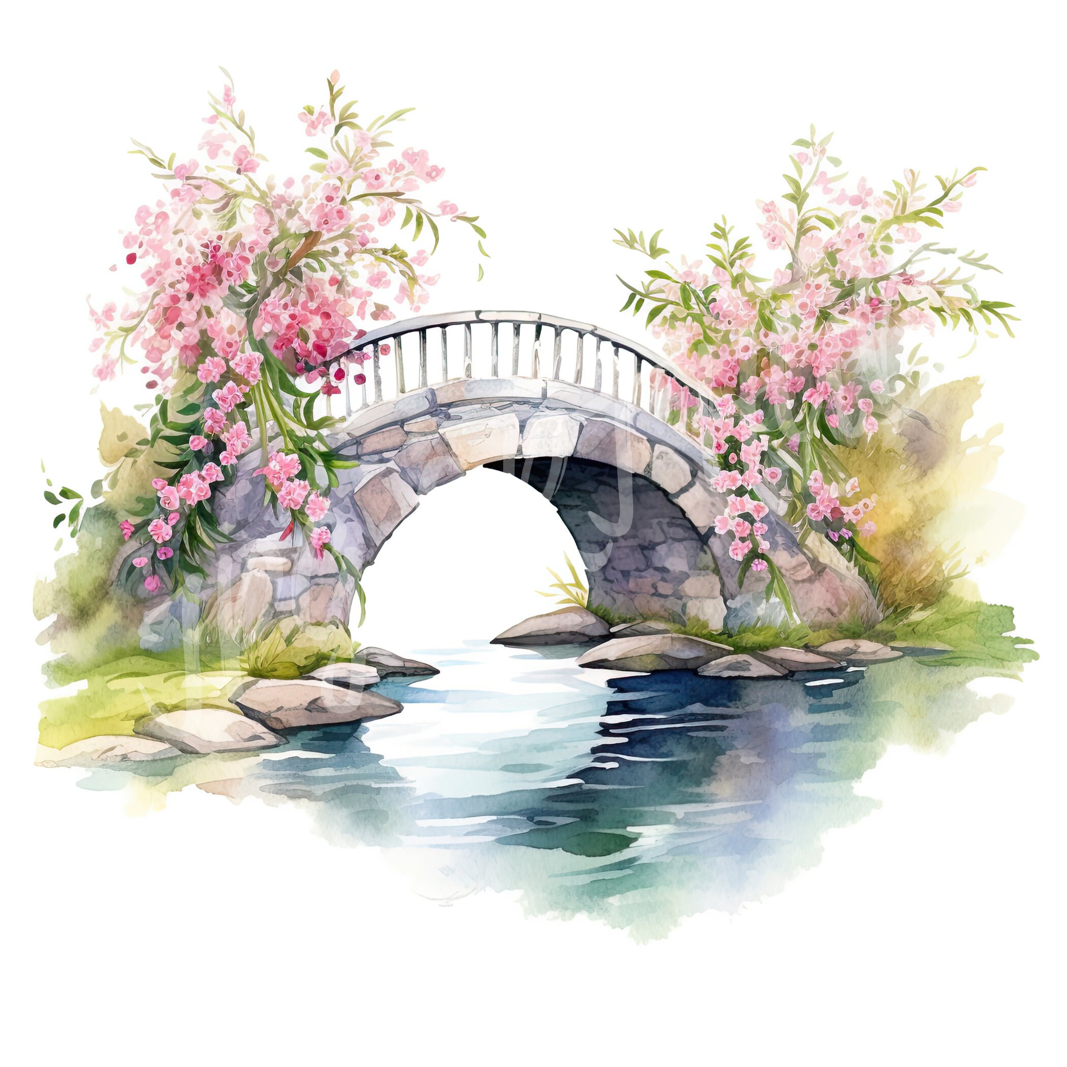 Watercolor Spring Floral Bridge Clipart, Garden Bridge, Digital ...