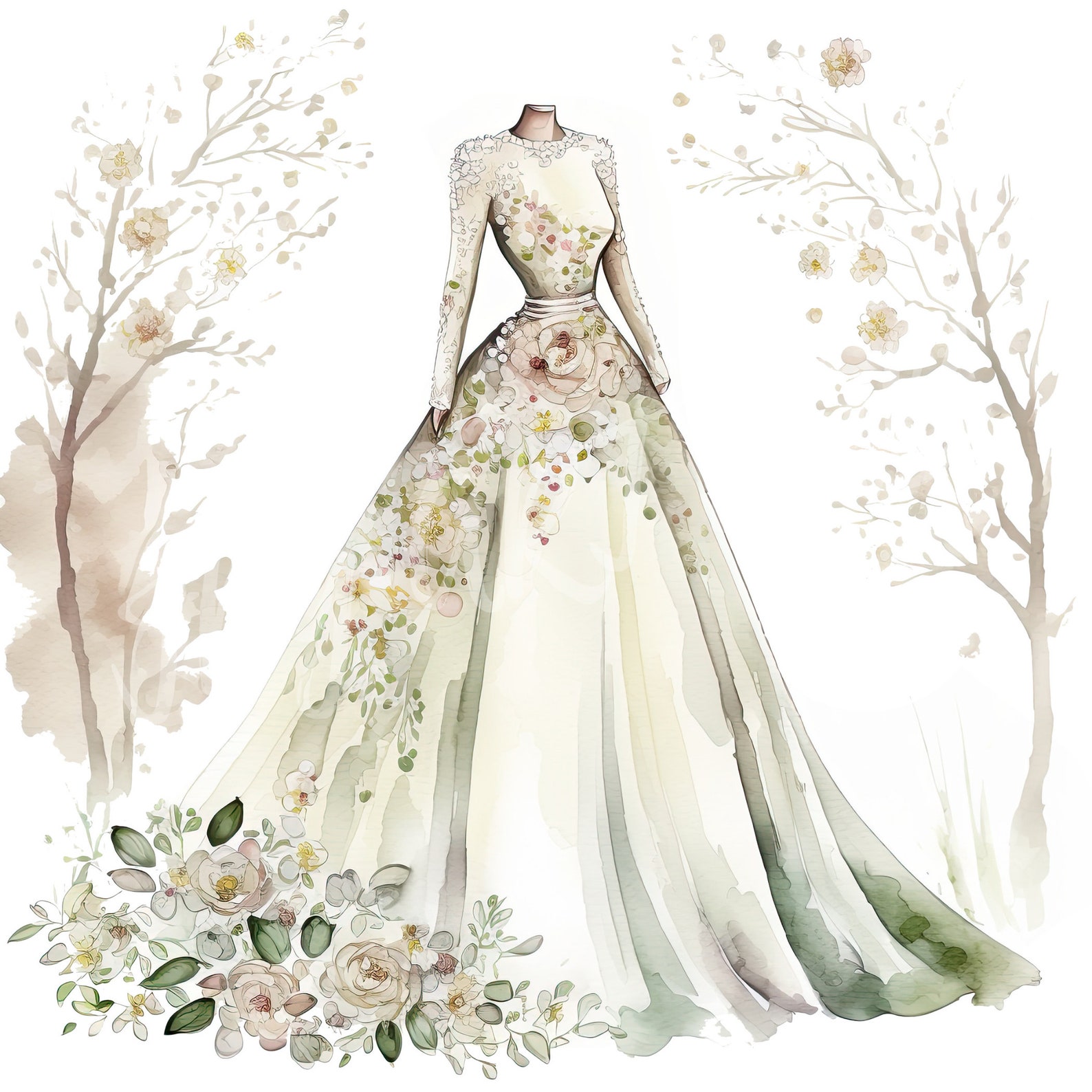Watercolor Wedding Dress Clipart, Wedding Invites, Card Making ...