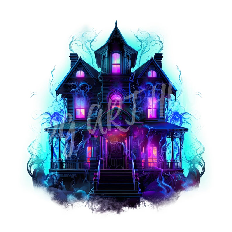 Watercolor Neon Haunted Mansion Clipart, Halloween Clipart, High ...