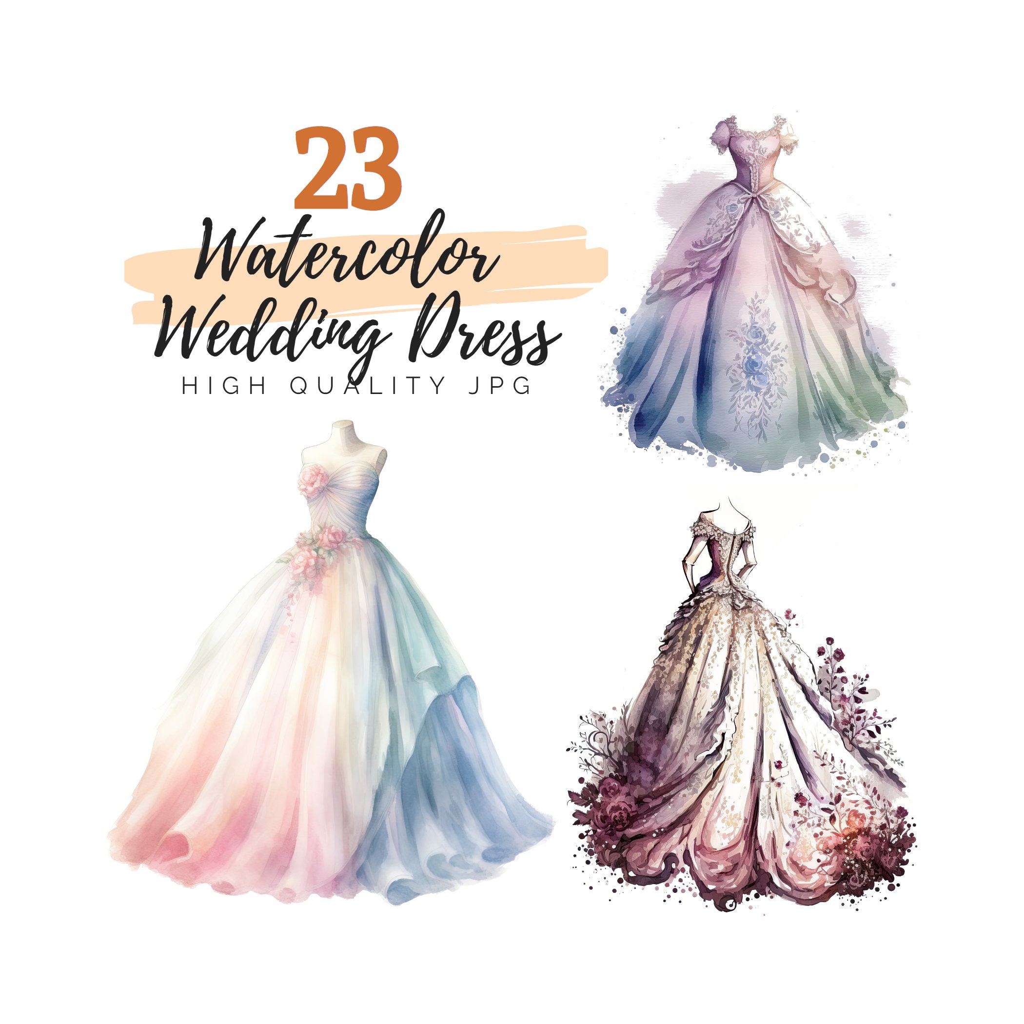 Watercolor Wedding Dress Clipart, Wedding Invites, Card Making ...