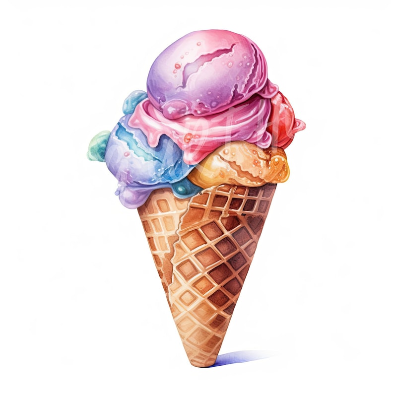 Watercolor Ice Cream Cone Clipart, Ice Cream Clipart, Summer Clipart ...