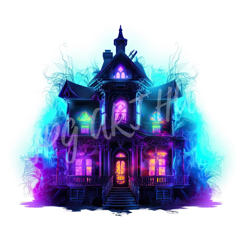 Watercolor Neon Haunted Mansion Clipart, Halloween Clipart, High ...