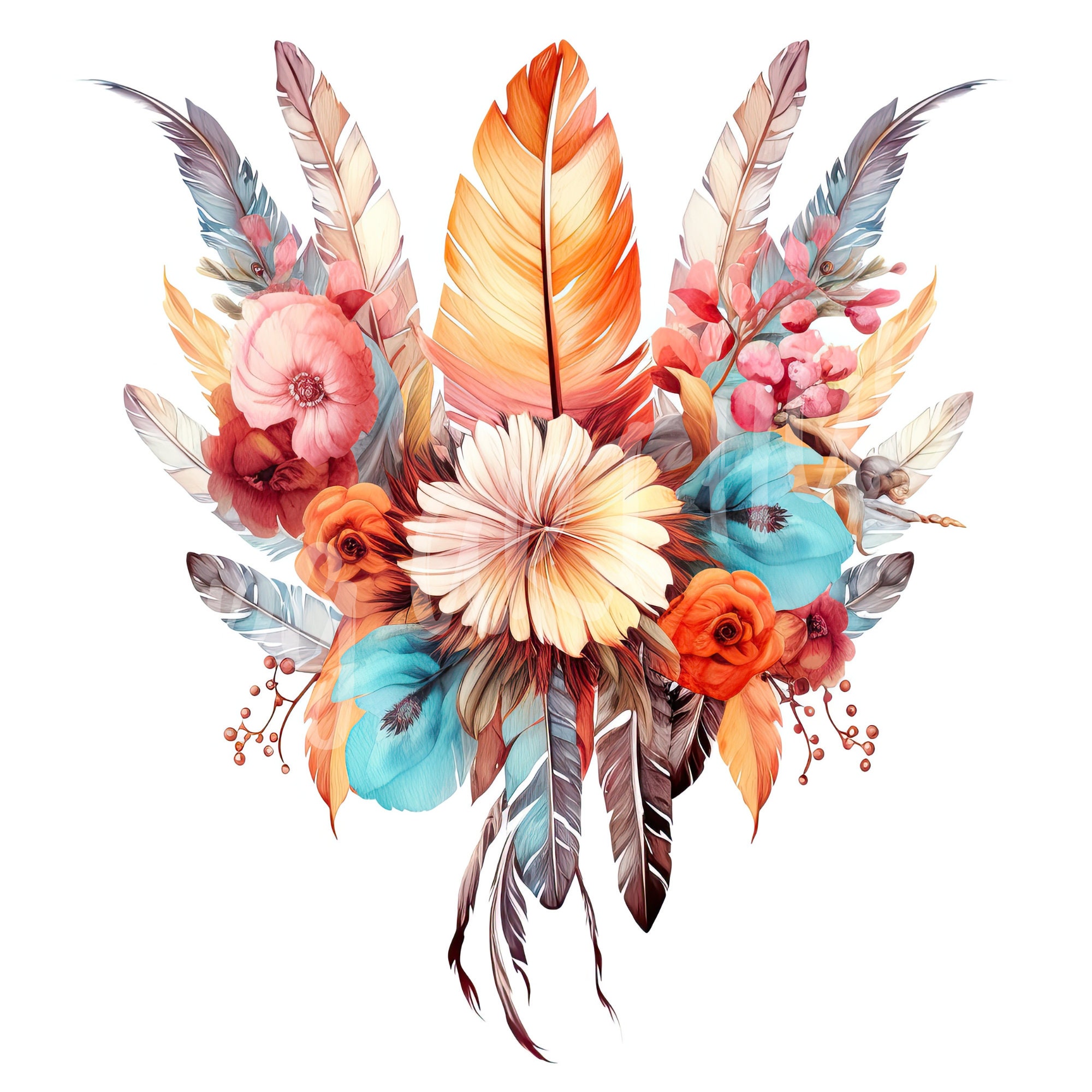 Boho Floral Feathers Bouquet Clipart, High Quality JPG, Digital ...
