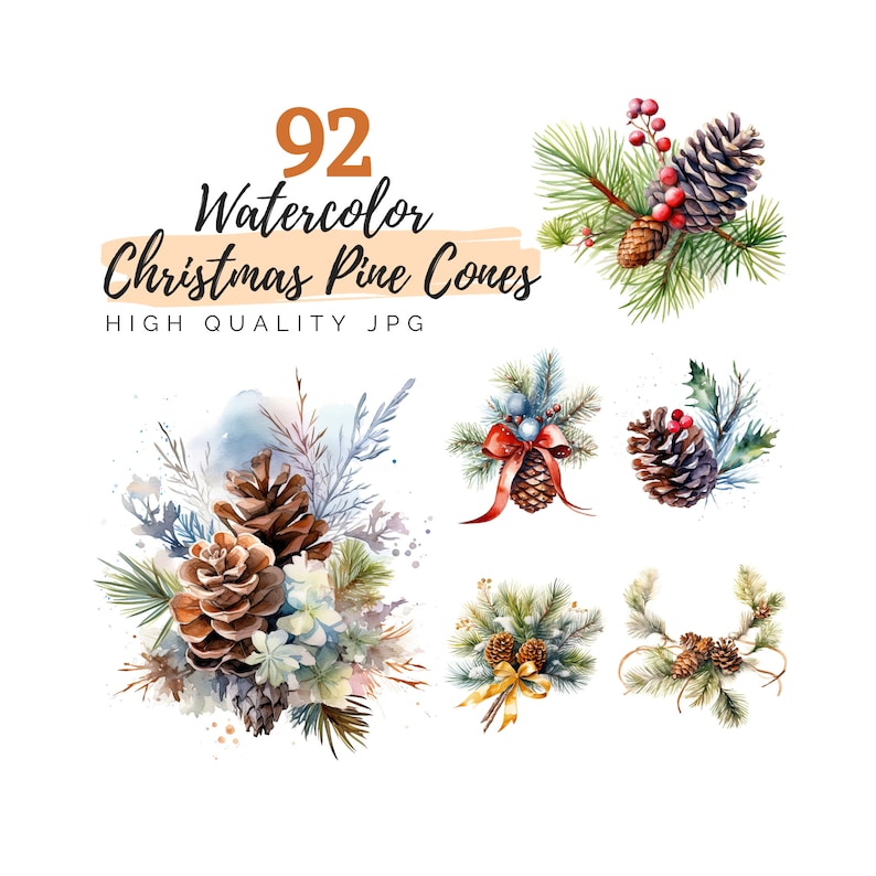Watercolor Christmas Pine Cones Clipart, High Quality JPG, Digital ...