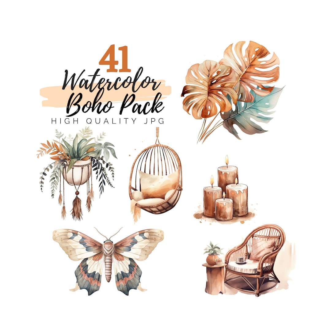 Watercolor Boho Clipart Bundle, Boho Floral, Digital Download, Boho ...