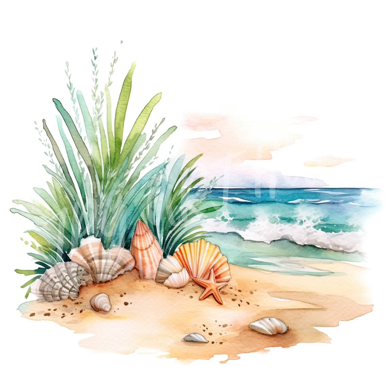 Watercolor Beach Clipart, Vacation Clipart, Ocean Landscape, Beach ...