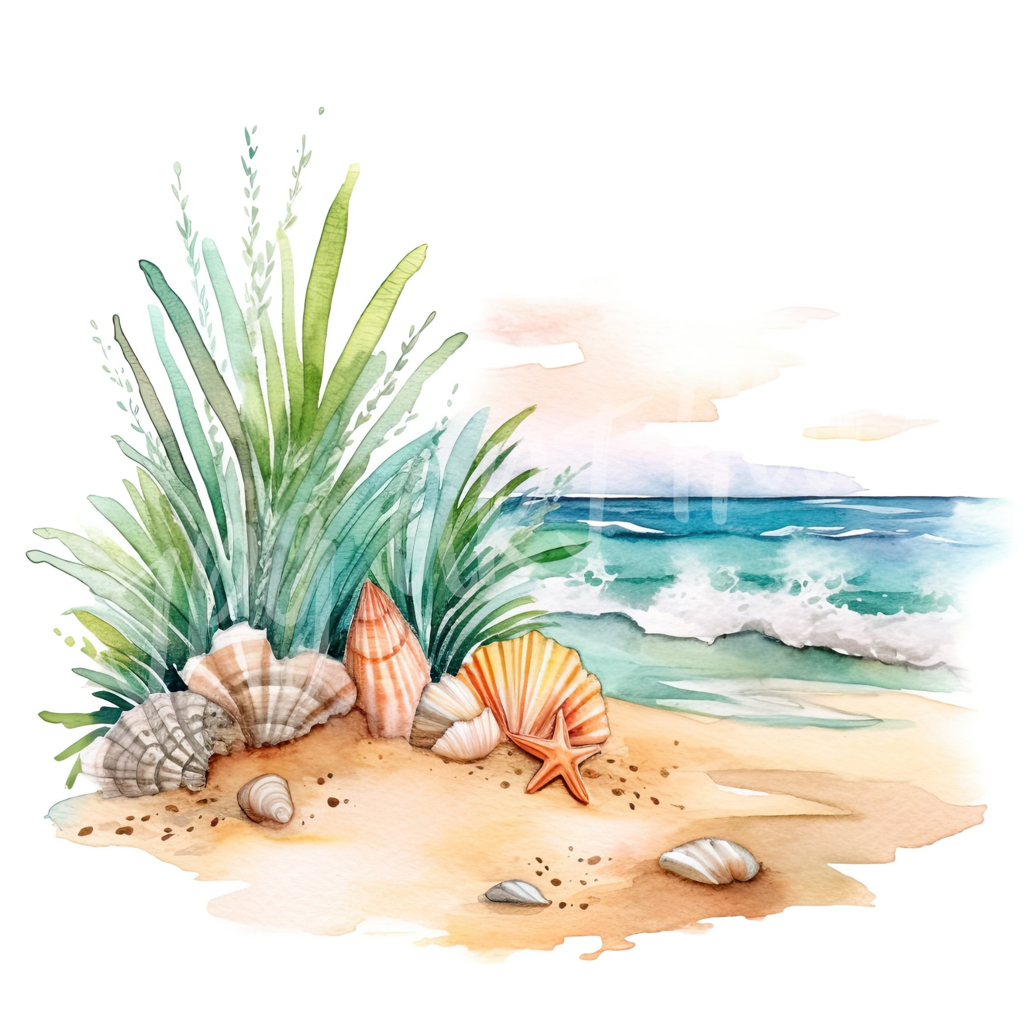 Watercolor Beach Clipart, Vacation Clipart, Ocean Landscape, Beach ...