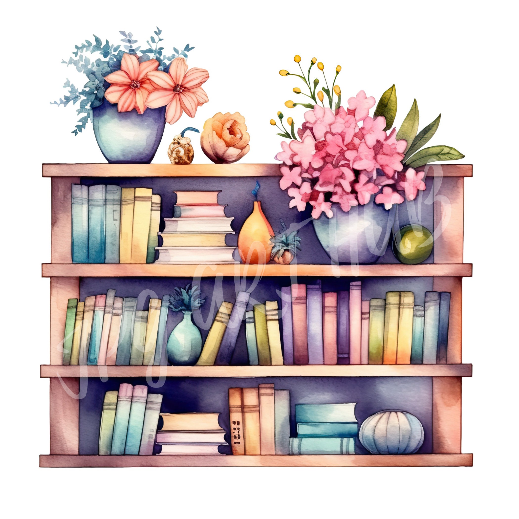 Watercolor Floral Bookshelf Clipart Bundle, Books Clipart, Bookcase ...