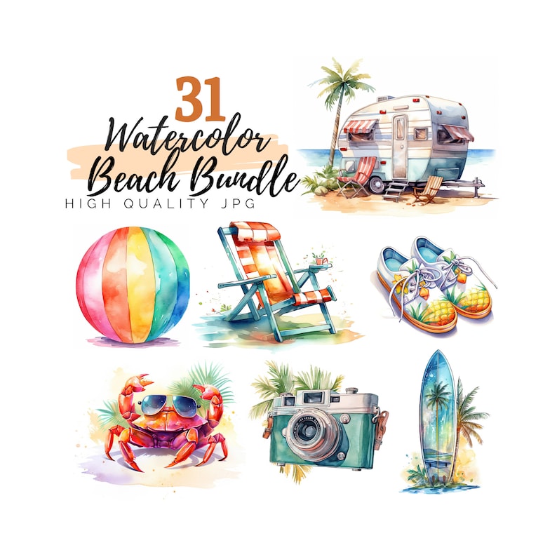 Watercolor Beach Clipart Bundle, Summer Clipart, Palm Clipart, Vacation ...