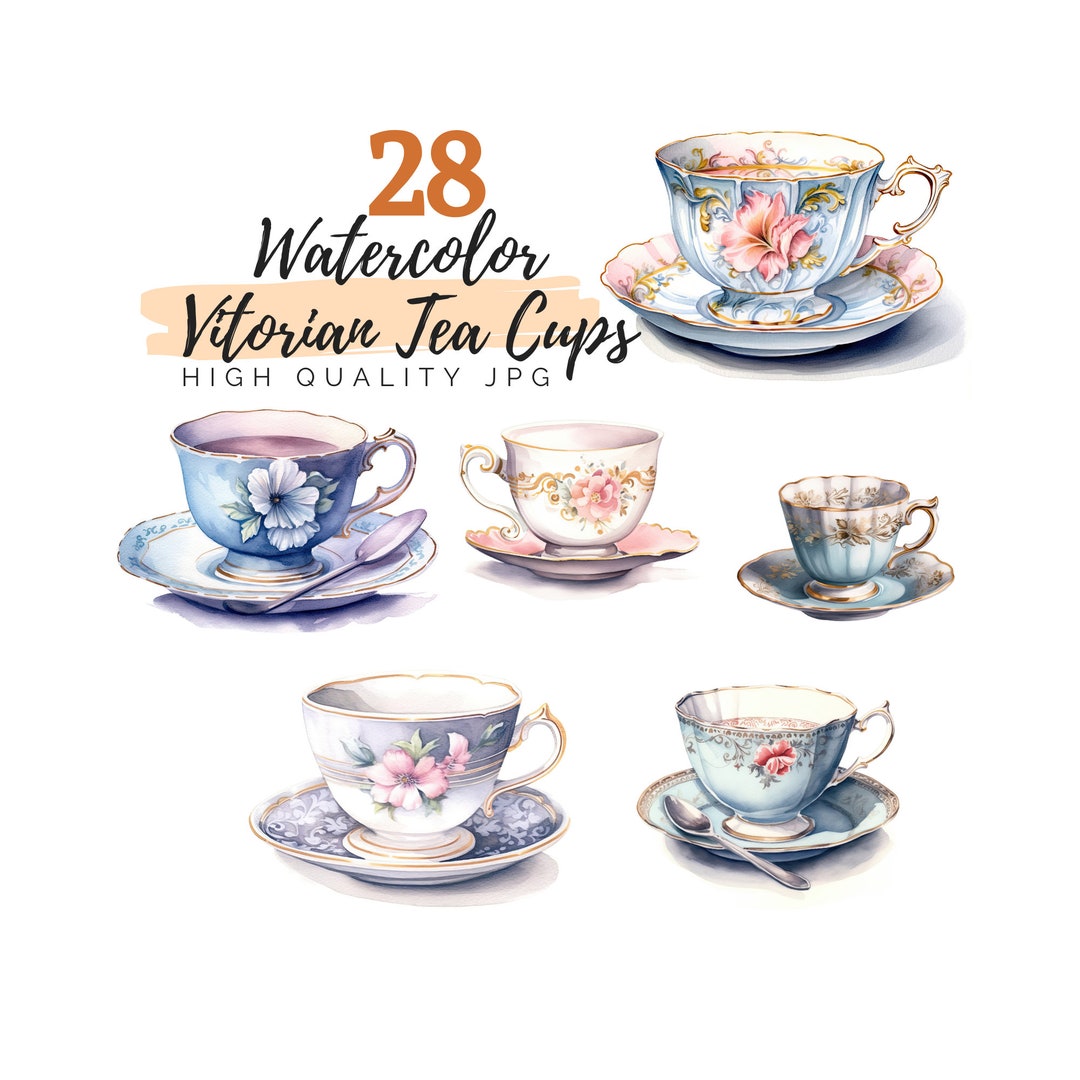 Watercolor Vintage Victorian Tea Cups Clipart, High Quality JPG, Teacup ...
