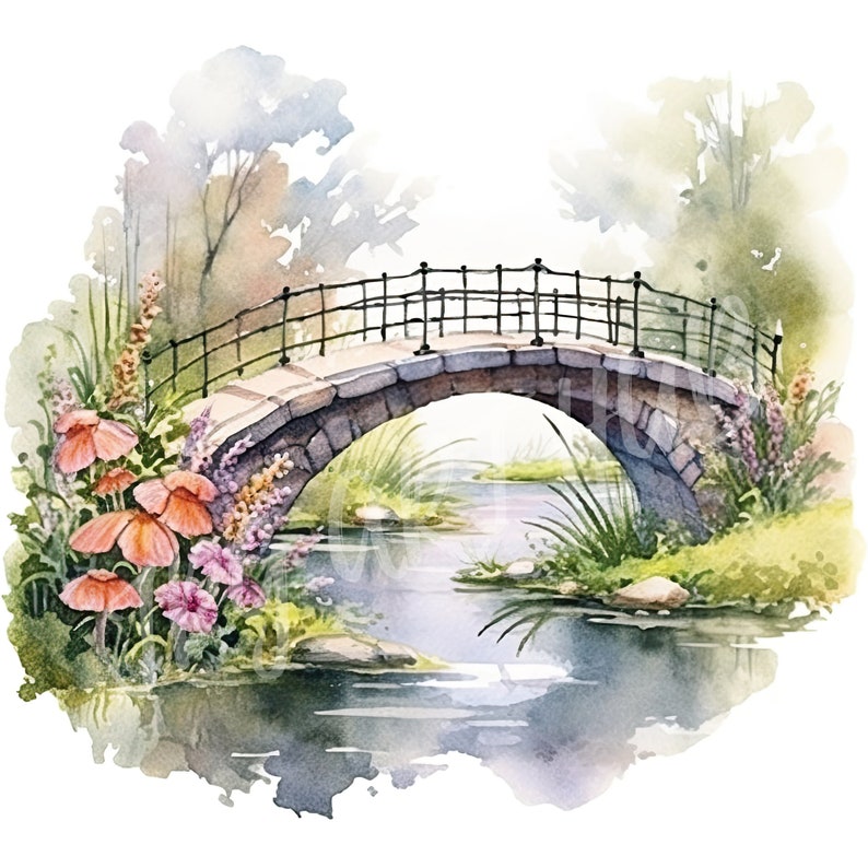 Watercolor Spring Floral Bridge Clipart, Garden Bridge, Digital ...