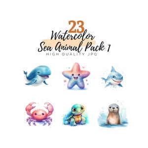 Watercolor Sea Animal Pack Clipart, Sea Creature Clipart, Digital ...