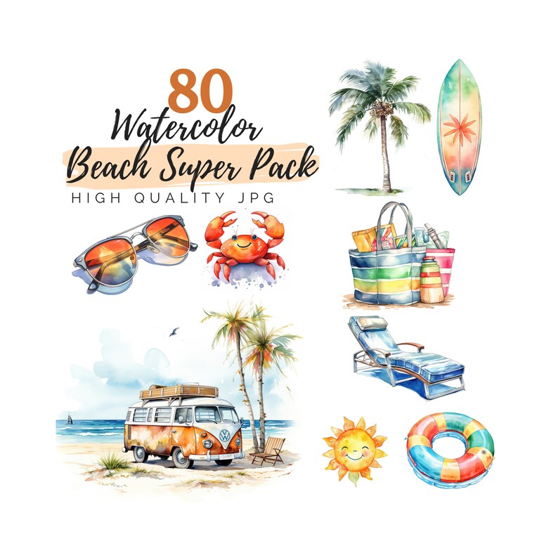 Watercolor Beach Clipart Super Pack, Summer Clipart, Tropical Beach ...