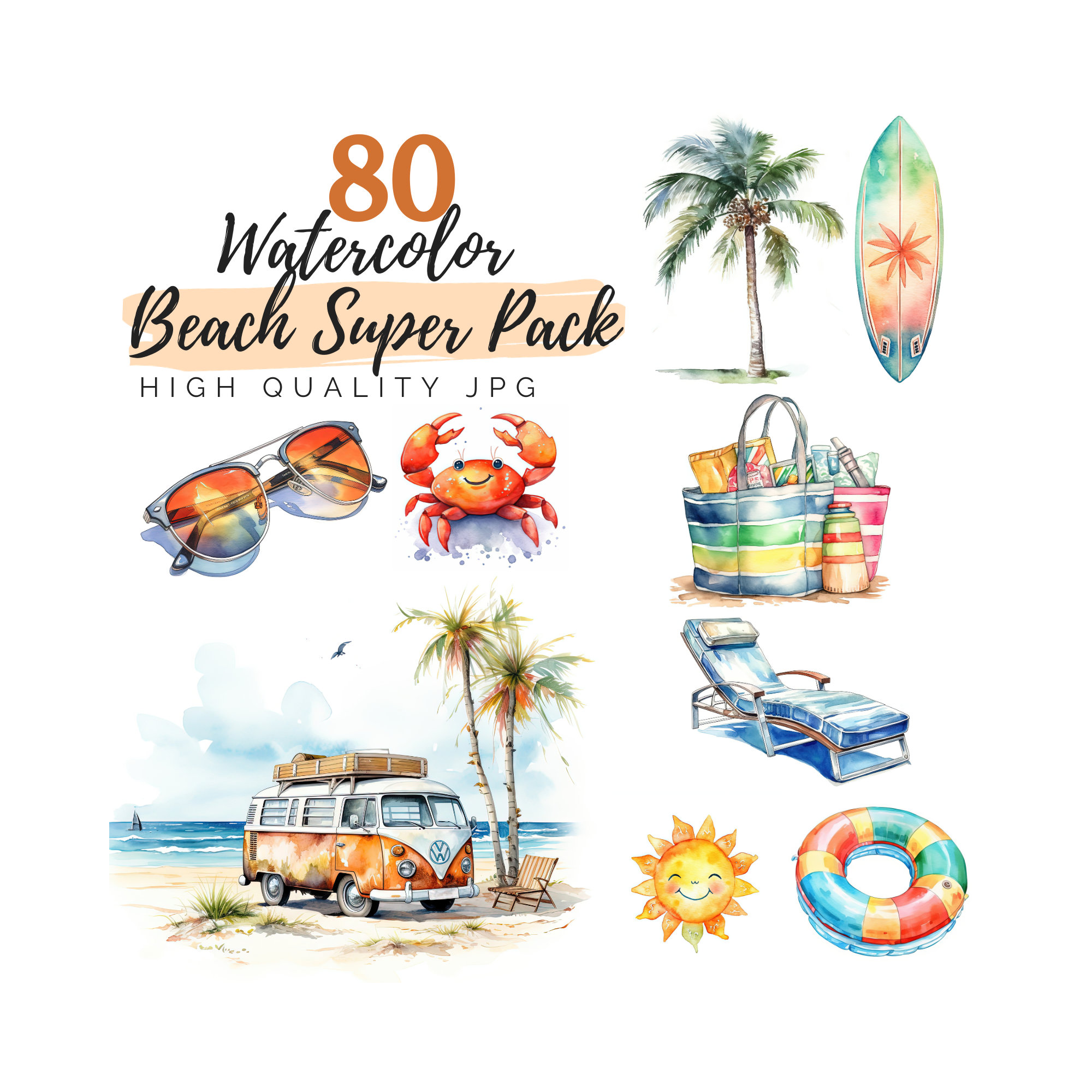 Watercolor Beach Clipart Super Pack, Summer Clipart, Tropical Beach ...
