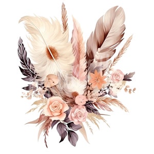Boho Floral Feathers Bouquet Clipart, High Quality JPG, Digital ...