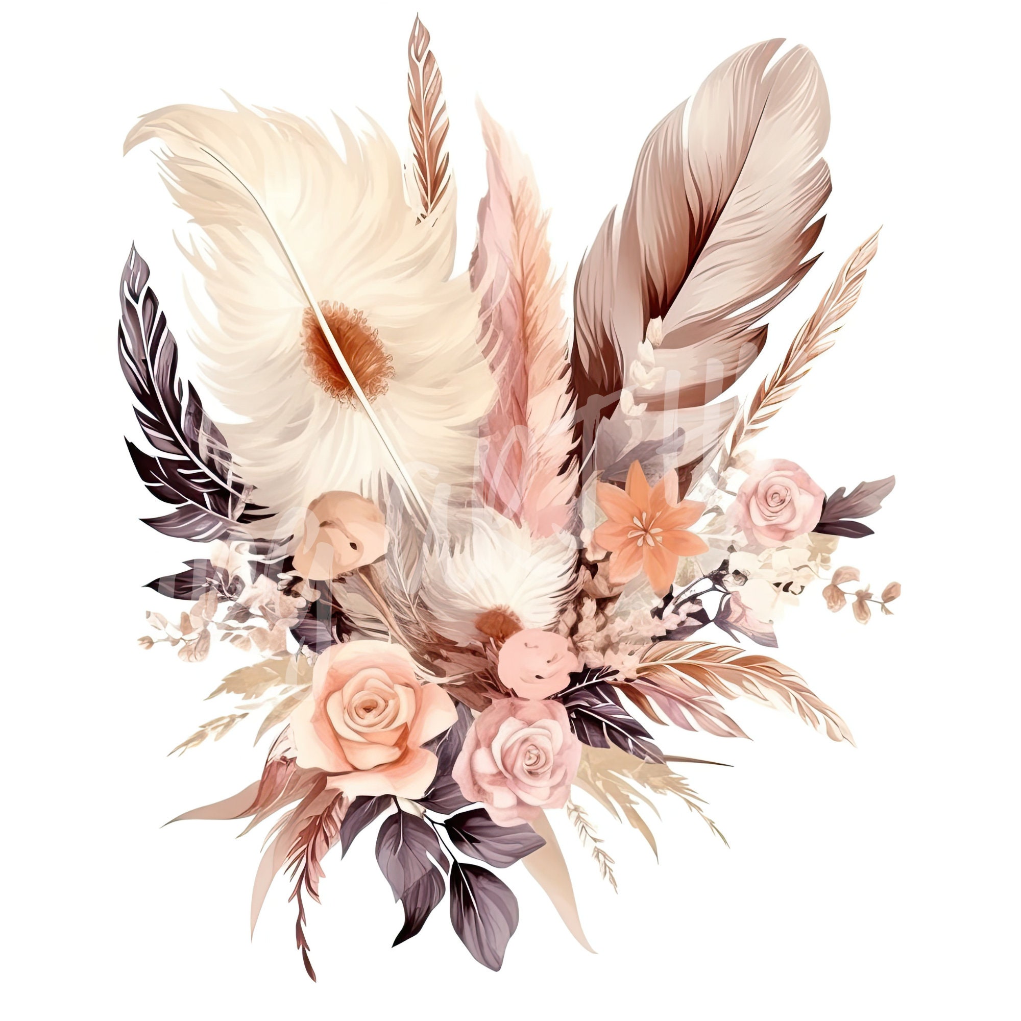 Boho Floral Feathers Bouquet Clipart, High Quality JPG, Digital ...