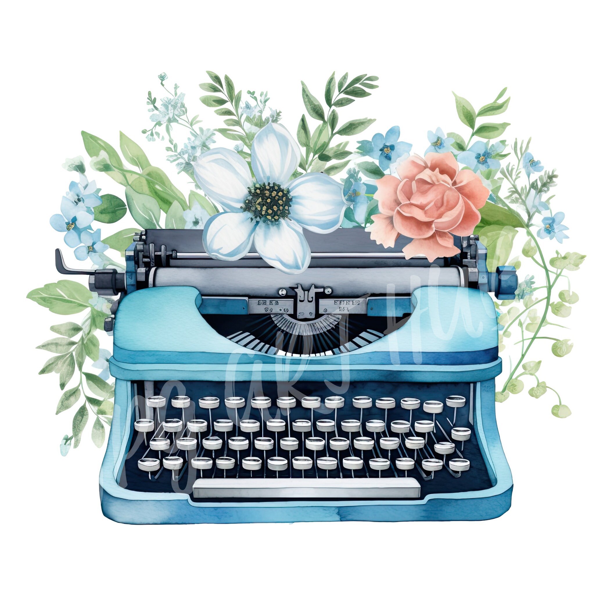 Watercolor Floral Typewriter Clipart Bundle, Vintage Typing Machine ...