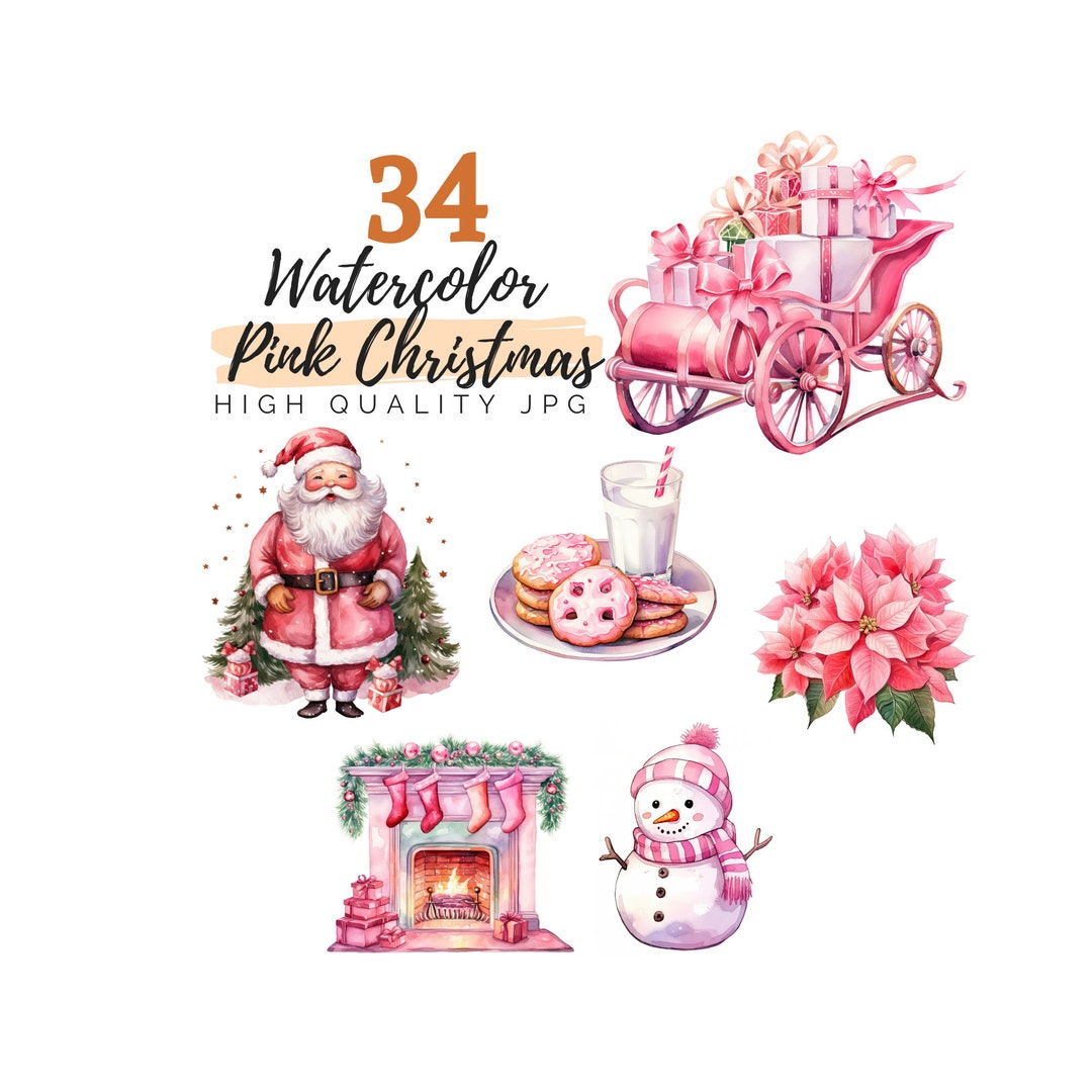 Watercolor Pink Themed Christmas Clipart, High Quality JPG, Digital ...