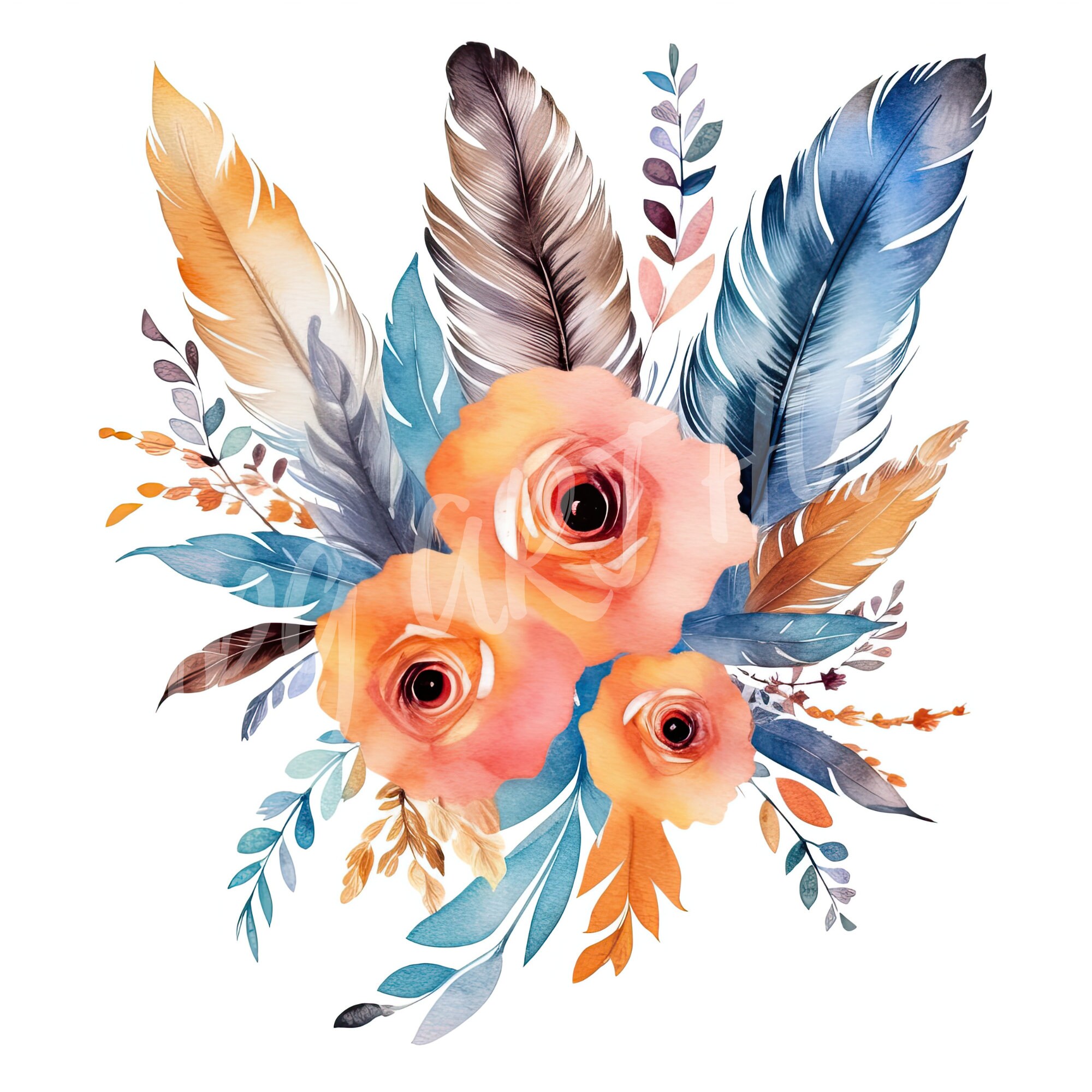 Boho Floral Feathers Bouquet Clipart, High Quality JPG, Digital ...