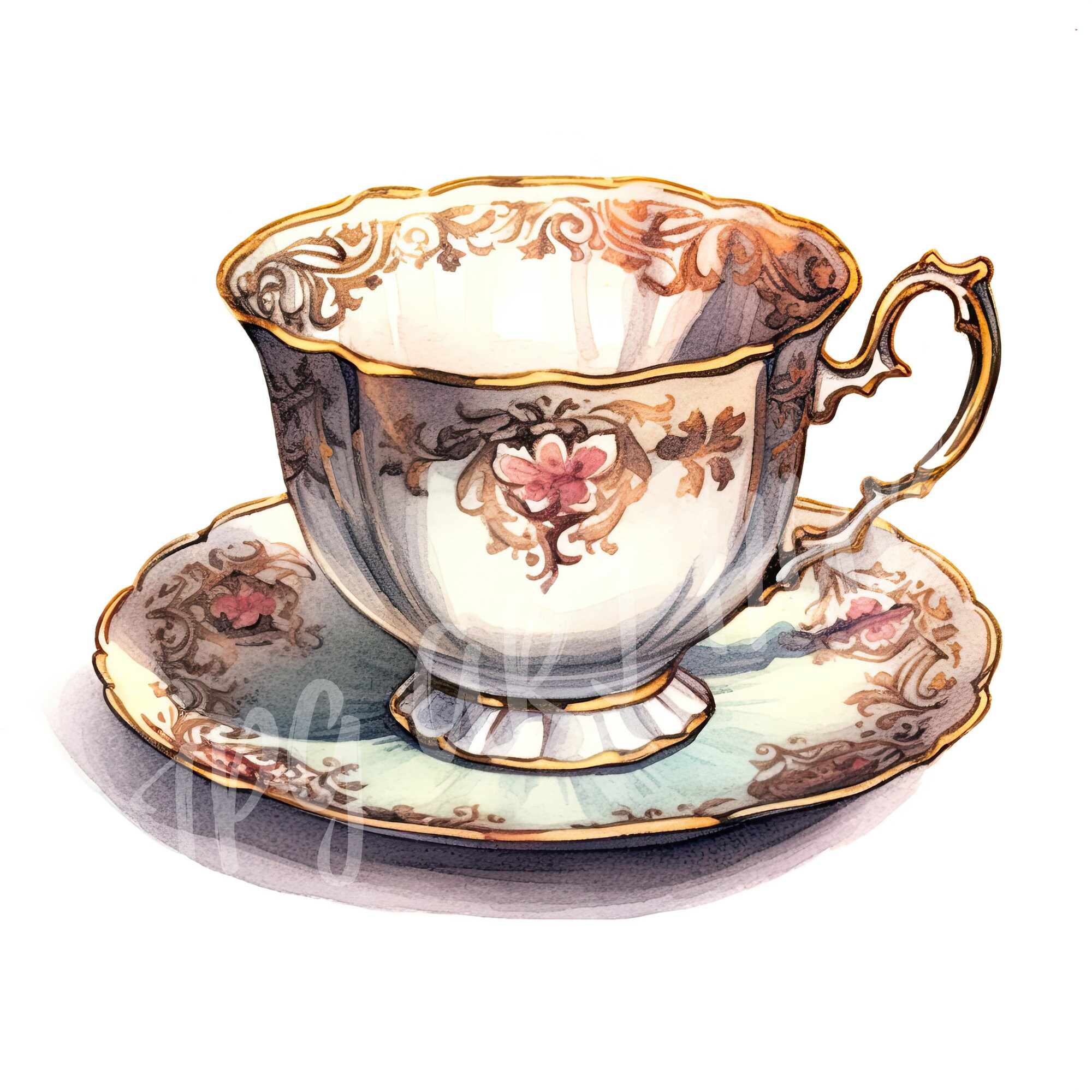 Watercolor Vintage Victorian Tea Cups Clipart, High Quality JPG, Teacup ...
