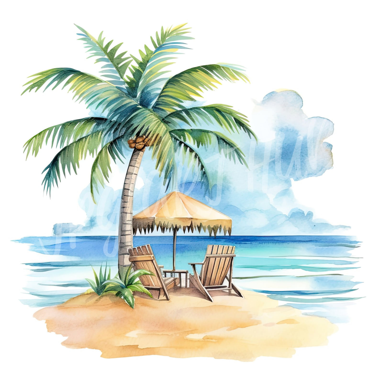 Watercolor Beach Clipart, Vacation Clipart, Ocean Landscape, Beach ...
