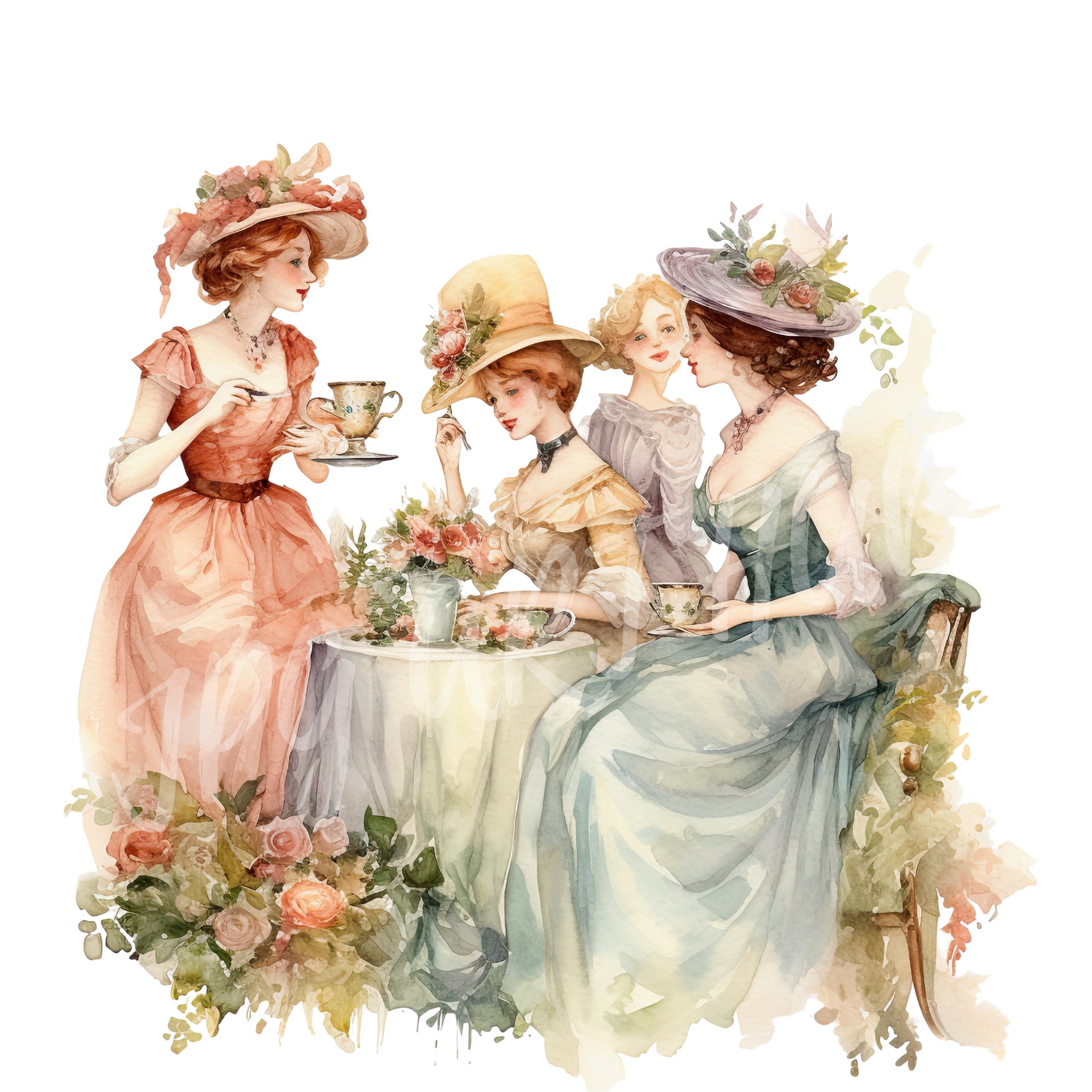 Watercolor Victorian Tea Party Clipart, Vintage Tea Portrait, High ...