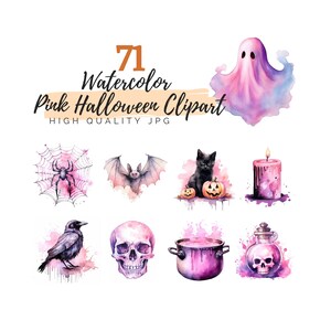 Watercolor Pink Halloween Clipart Bundle, Witch Clipart, High Quality ...
