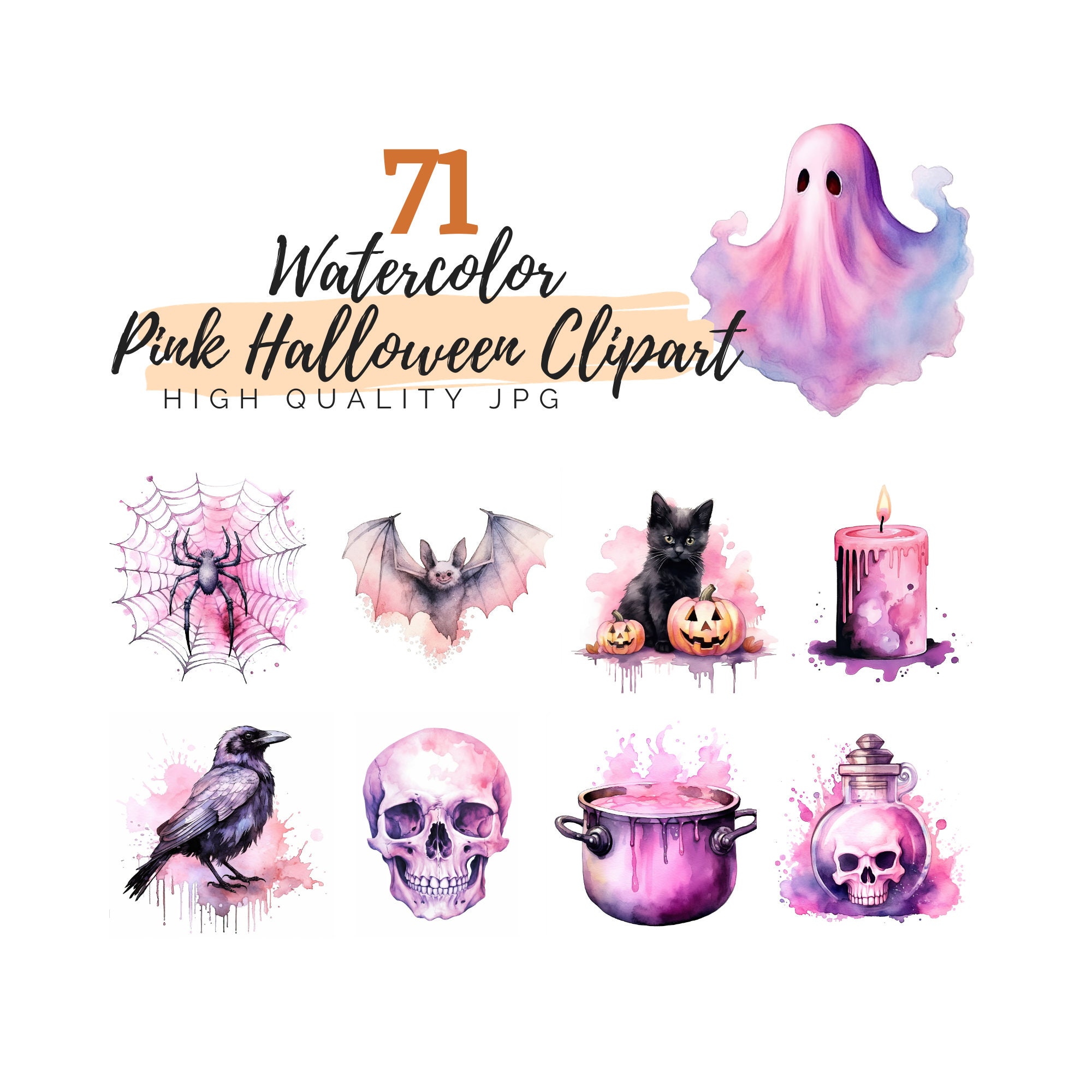 Watercolor Pink Halloween Clipart Bundle, Witch Clipart, High Quality ...