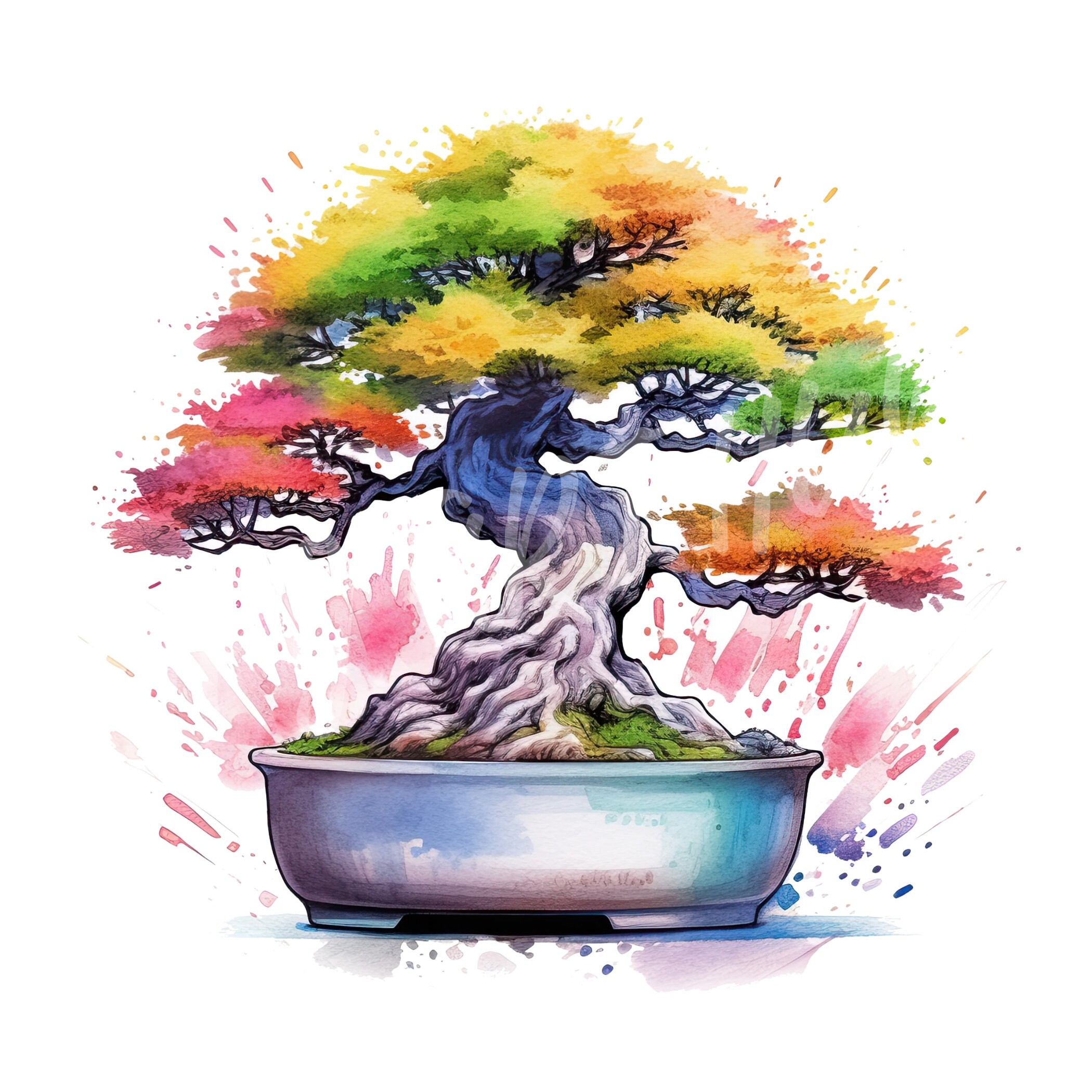 Watercolor Colorful Bonsai Tree Clipart, Bonsai Clipart, Digital ...