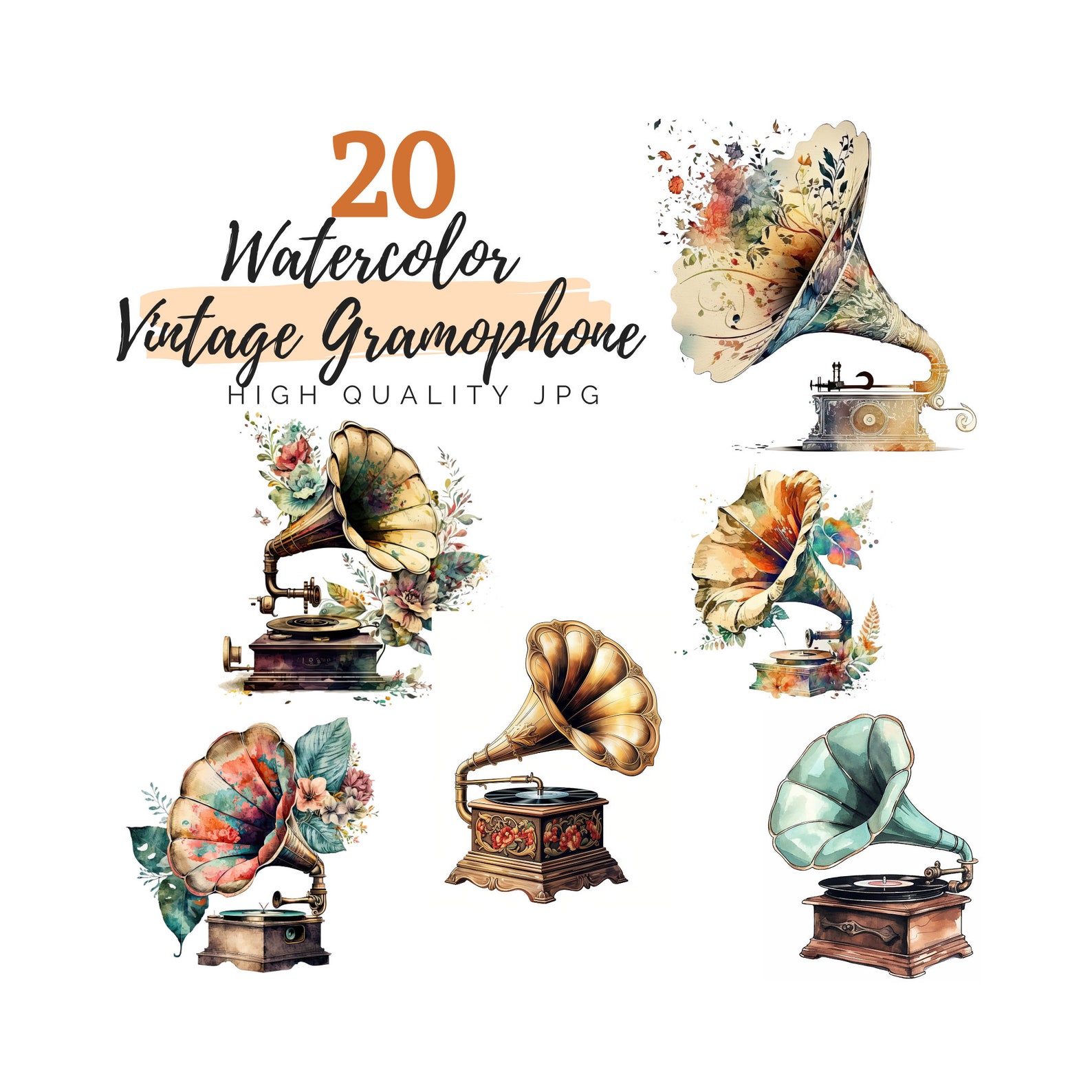 Watercolor Vintage Gramophone Clipart, Phonograph Clipart, Record ...