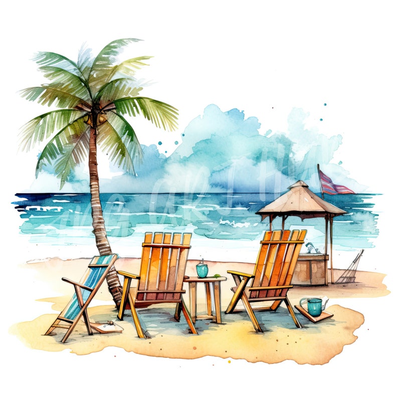 Watercolor Beach Clipart Vacation Clipart Ocean Landscape - Etsy