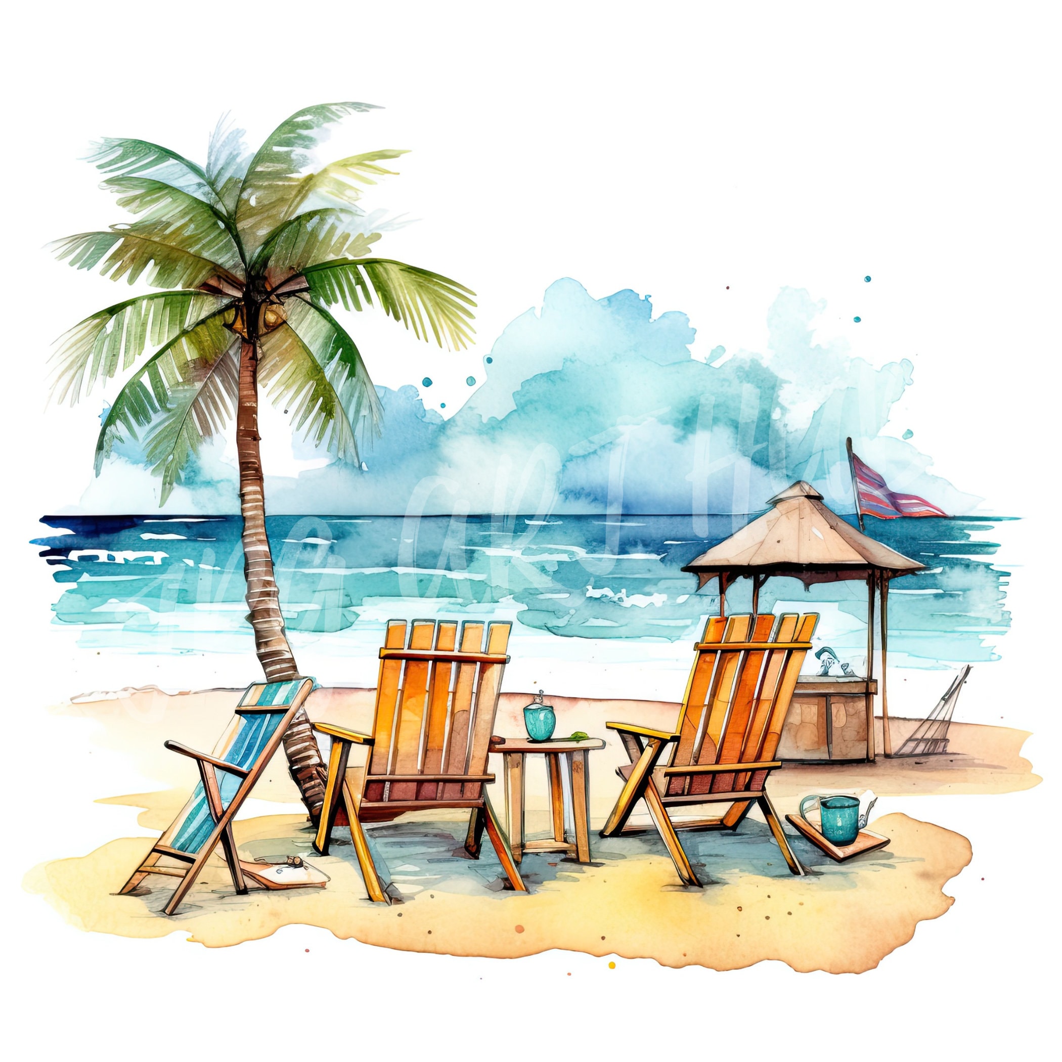 Watercolor Beach Clipart Vacation Clipart Ocean Landscape - Etsy