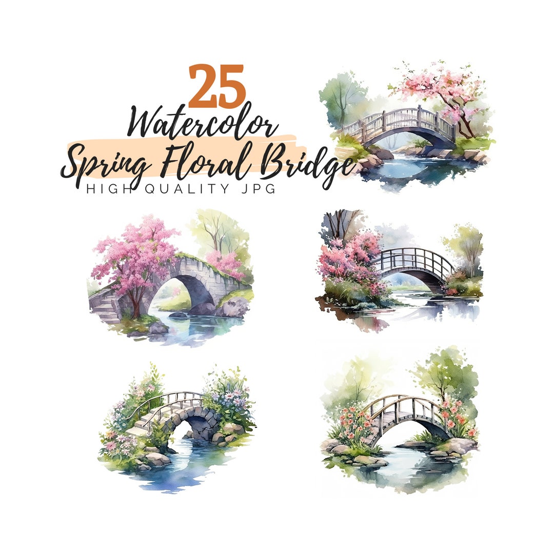 Watercolor Spring Floral Bridge Clipart, Garden Bridge, Digital ...