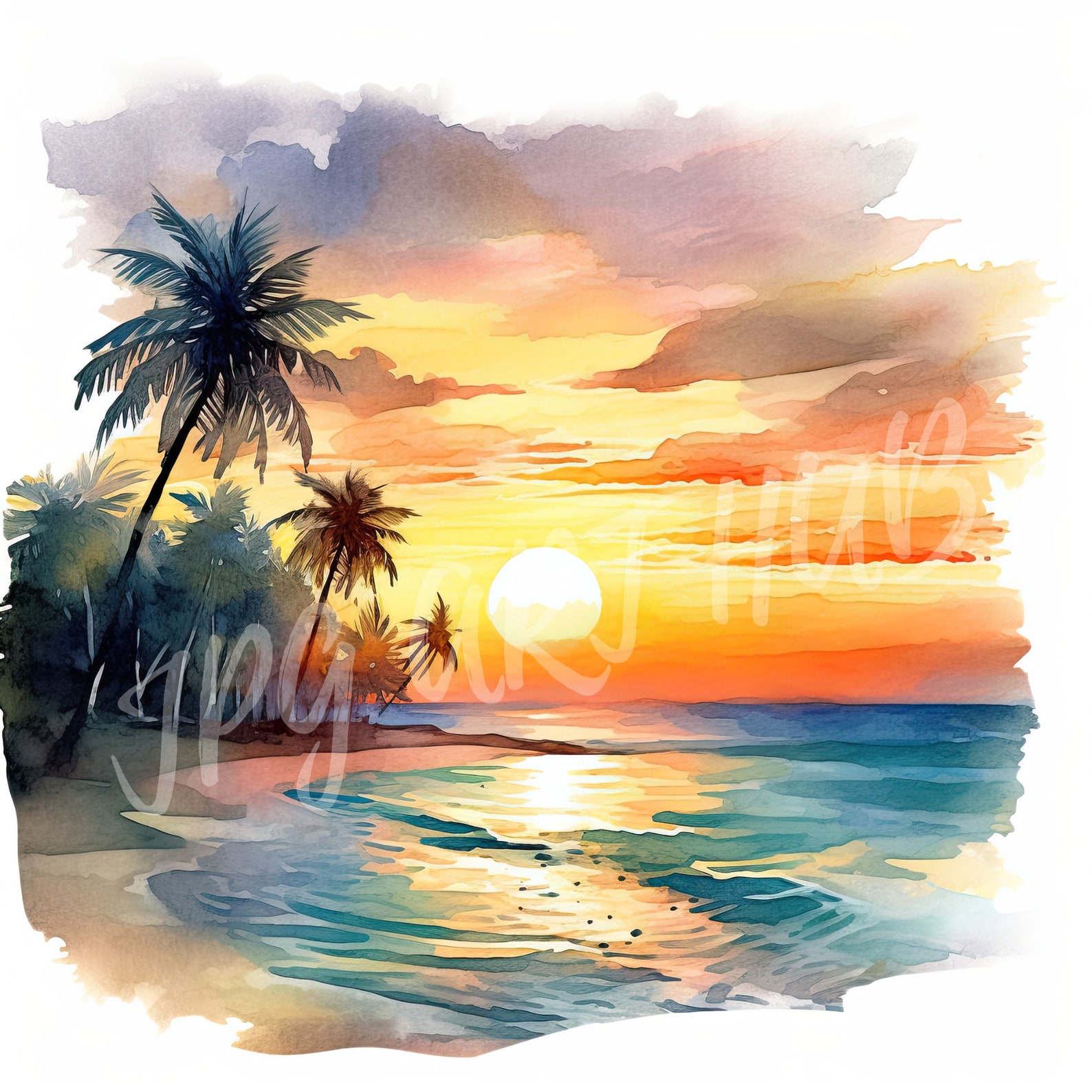 Watercolor Beach Sunset Clipart Sunset Watercolor Beach - Etsy