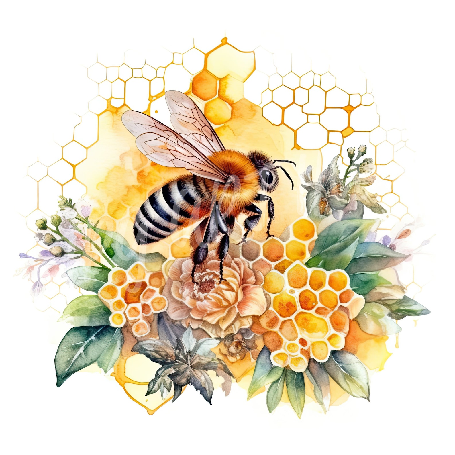 Watercolor Bee Honeycomb Clipart, Bee Clipart, Honey Clipart, Digital ...
