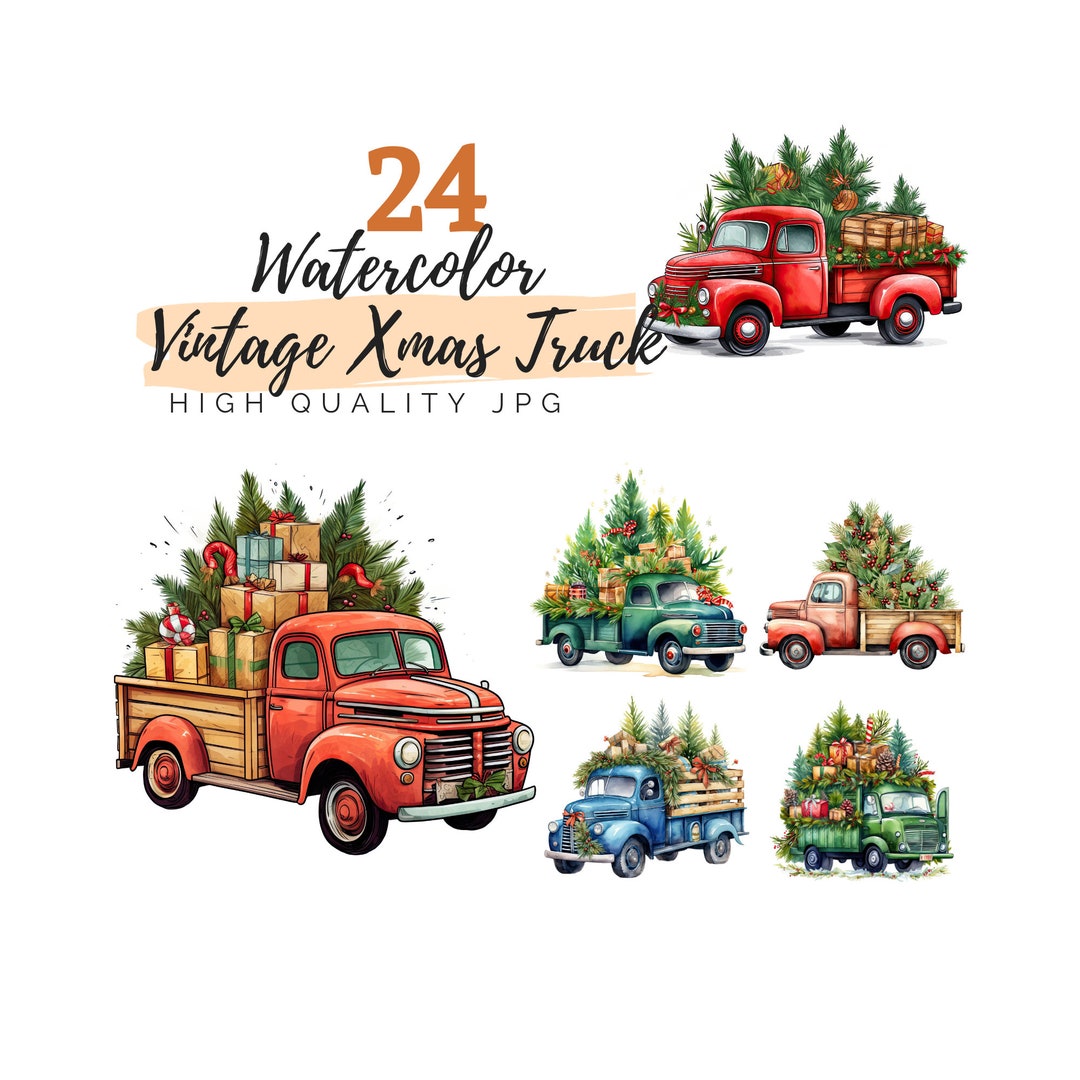 Watercolor Vintage Christmas Truck Clipart, Christmas Clipart, High ...