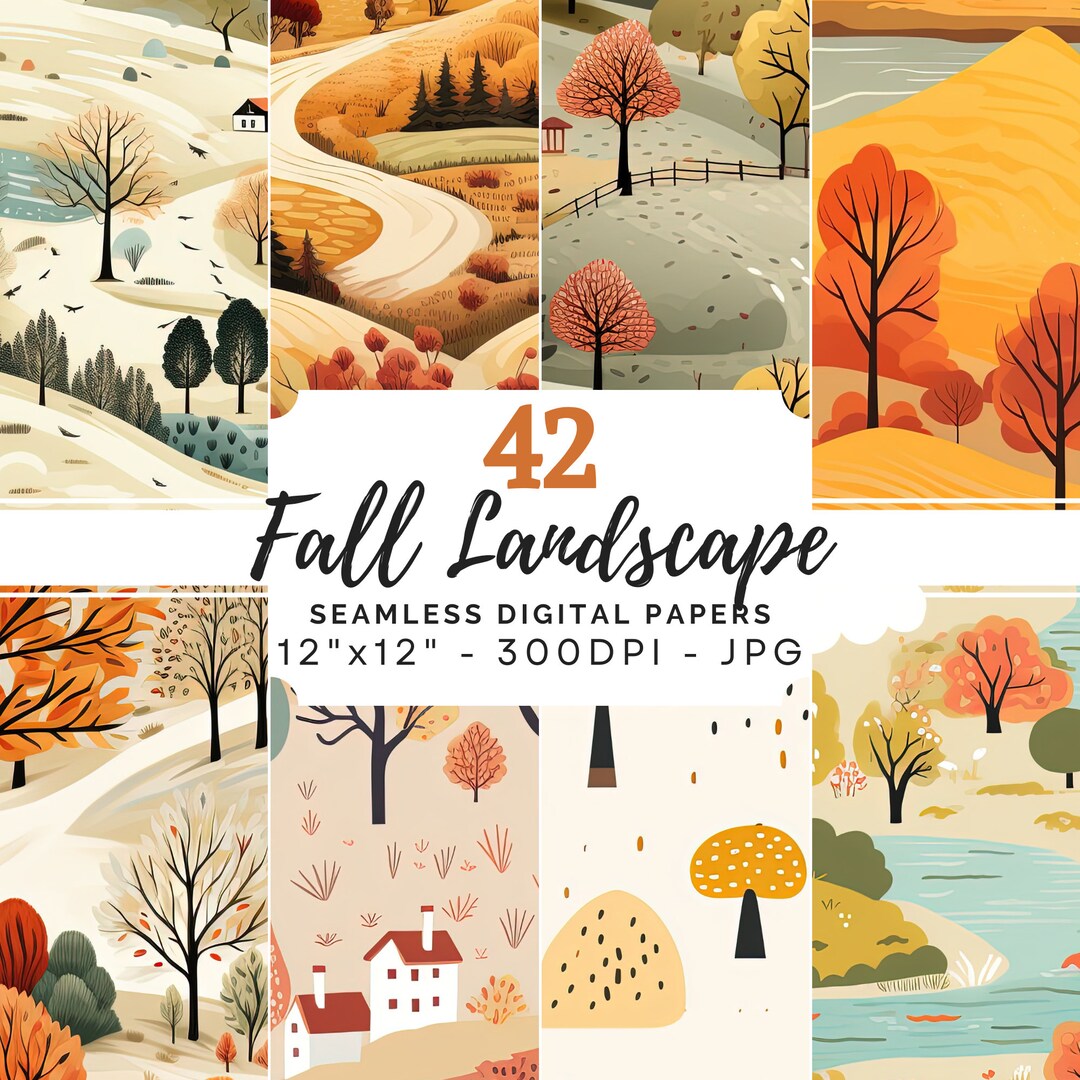 Seamless Fall Landscape Digital Paper Pack, Fall Seamless Pattern ...