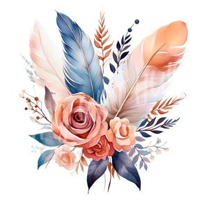 Boho Floral Feathers Bouquet Clipart, High Quality JPG, Digital ...