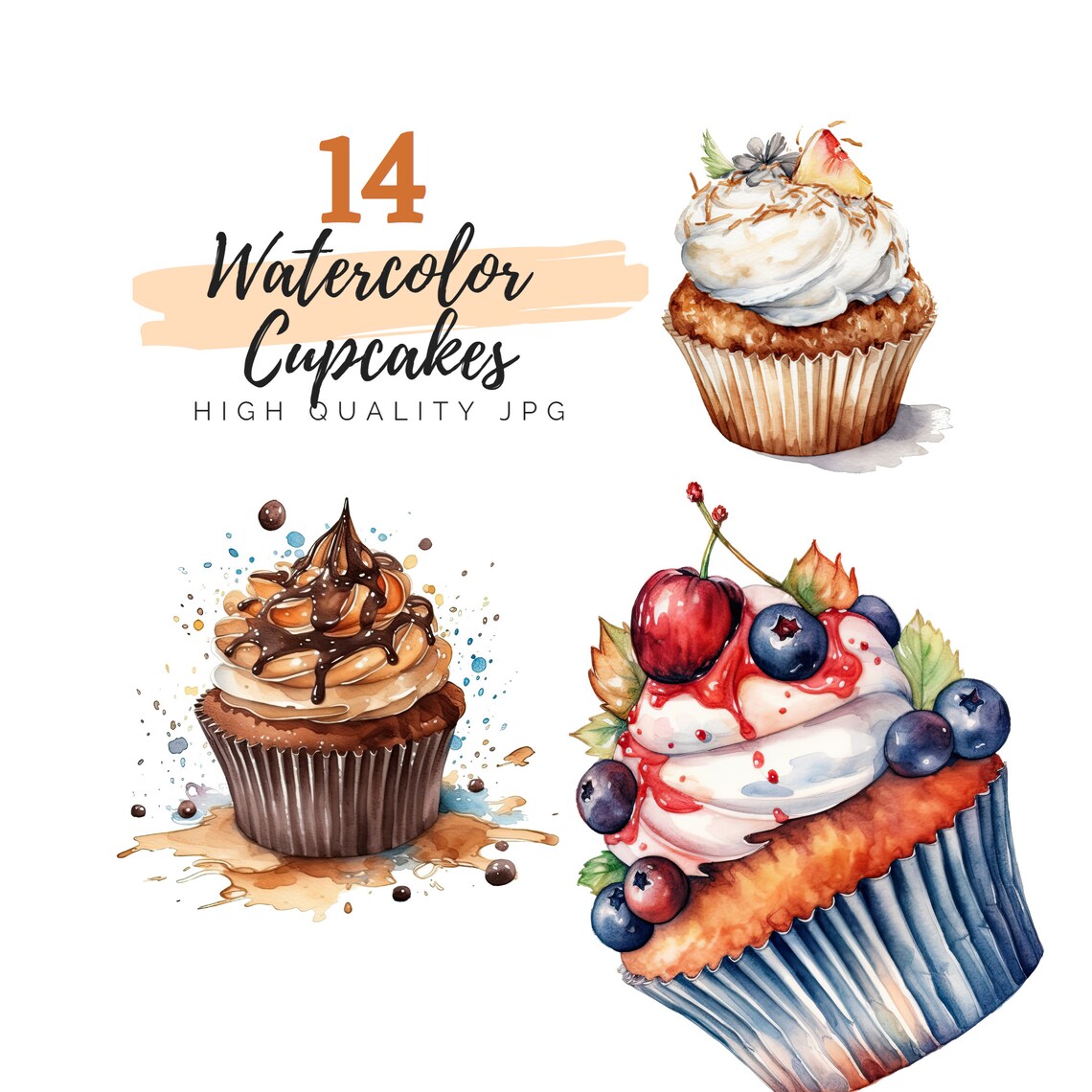 Watercolor Cupcakes Clipart Cupcake Illustration Dessert - Etsy