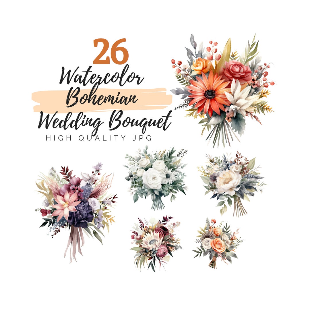 Watercolor Boho Wedding Bouquet Clipart, Boho Clipart, Wedding Clipart ...