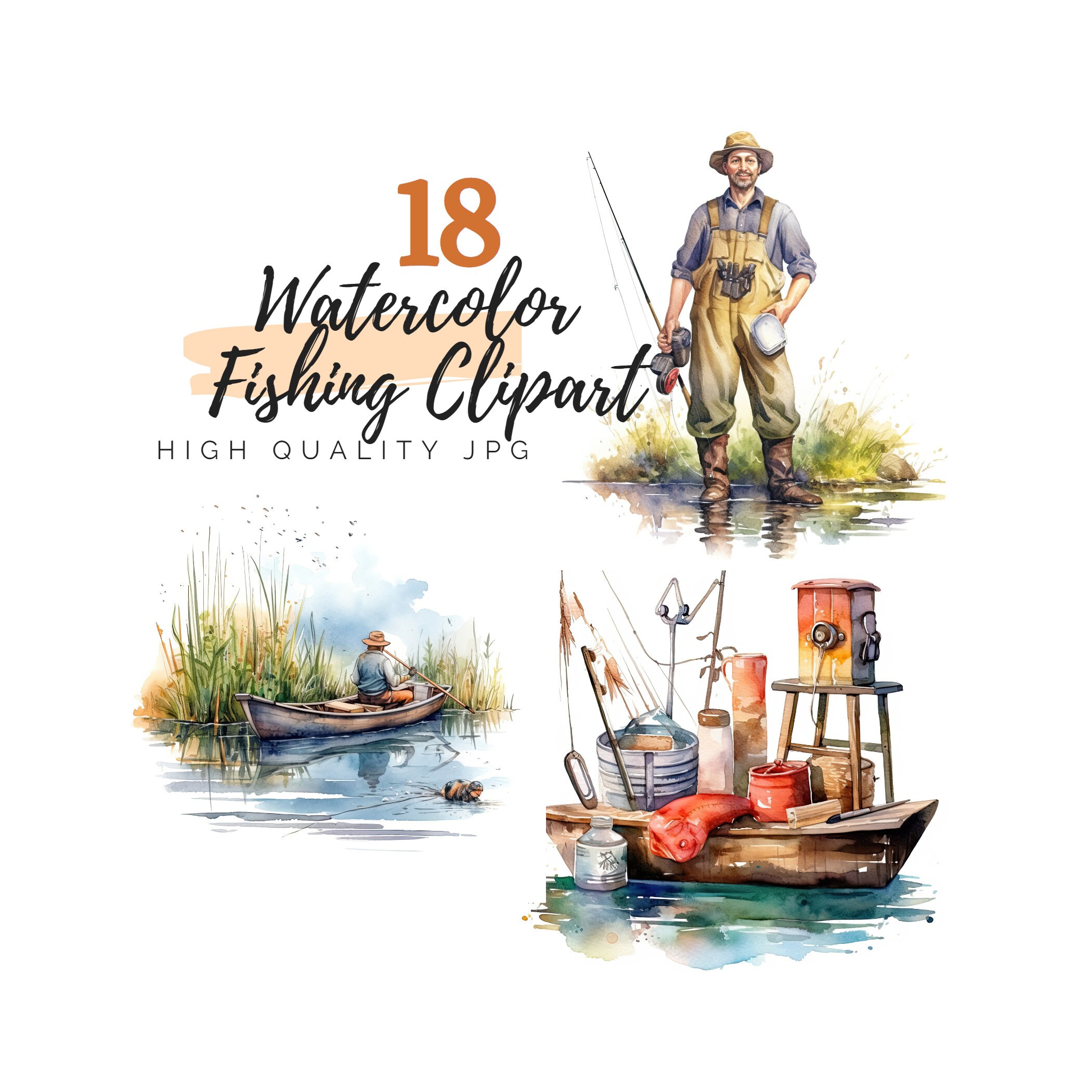 Watercolor Fishing Clipart, Summer Clipart, Camping Clipart, Digital ...