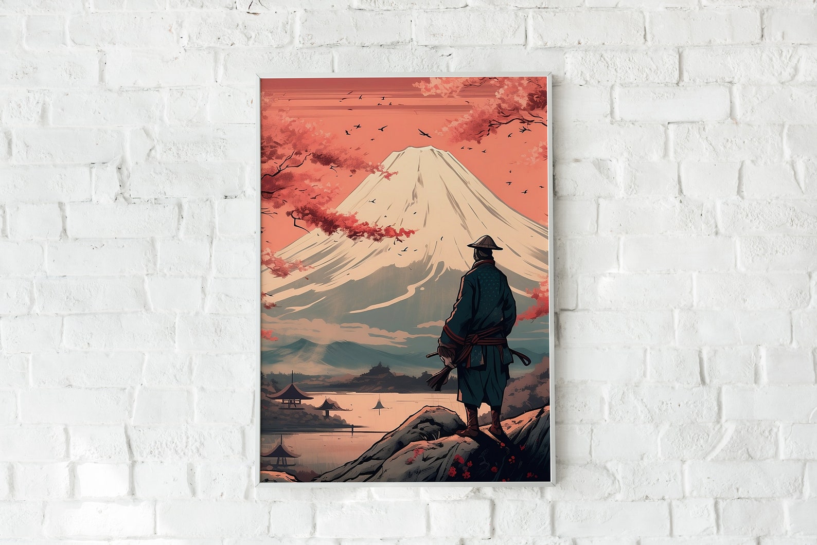 Japanese Samurai With a View of Mount Fuji Under the Cherry Blossoms ...