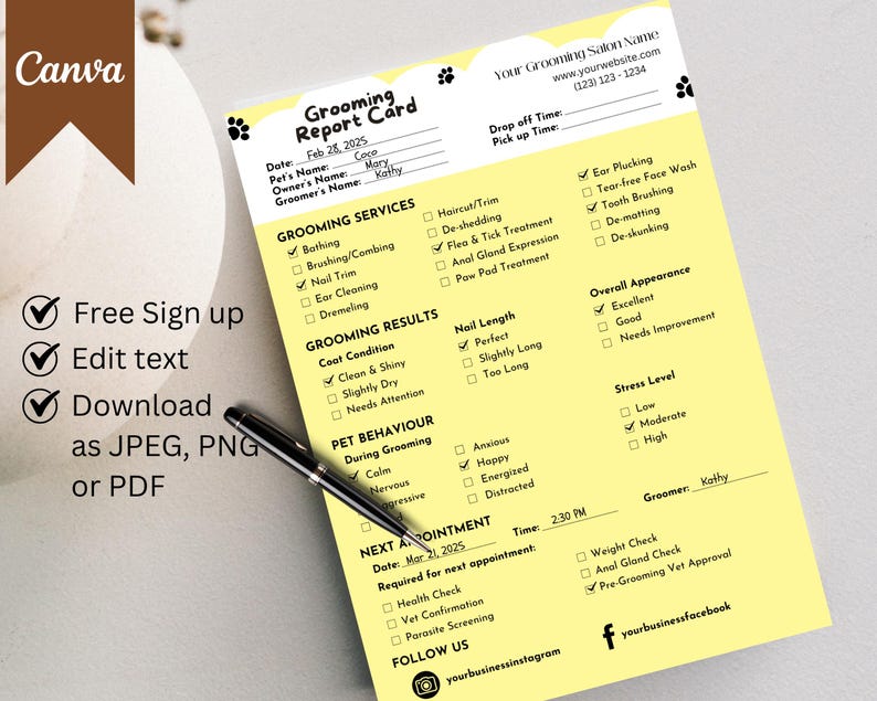 Editable Grooming Report Card Template Dog Grooming Report Card Dog ...