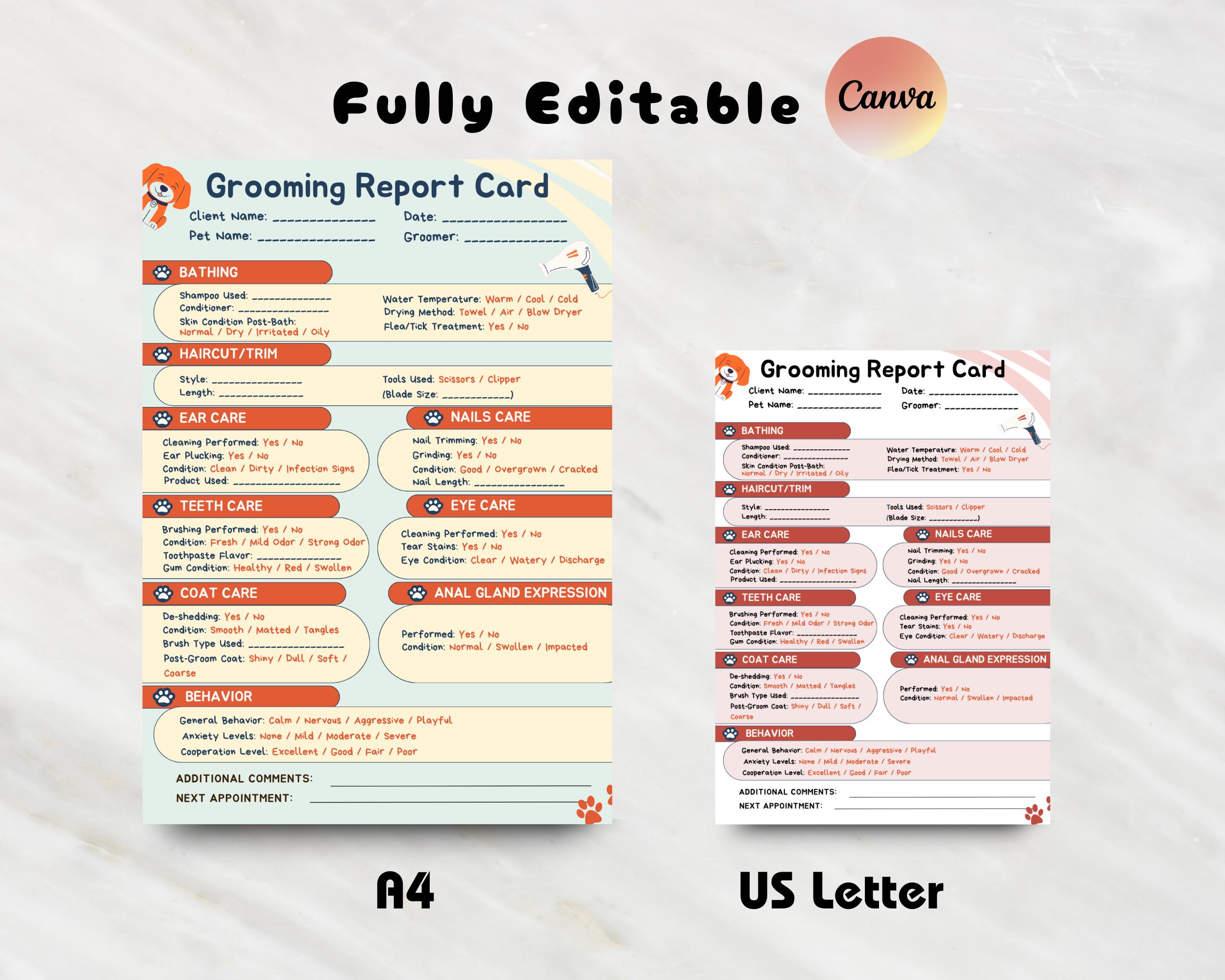 Editable Grooming Report Card Template Dog Grooming Report Pet Spa ...