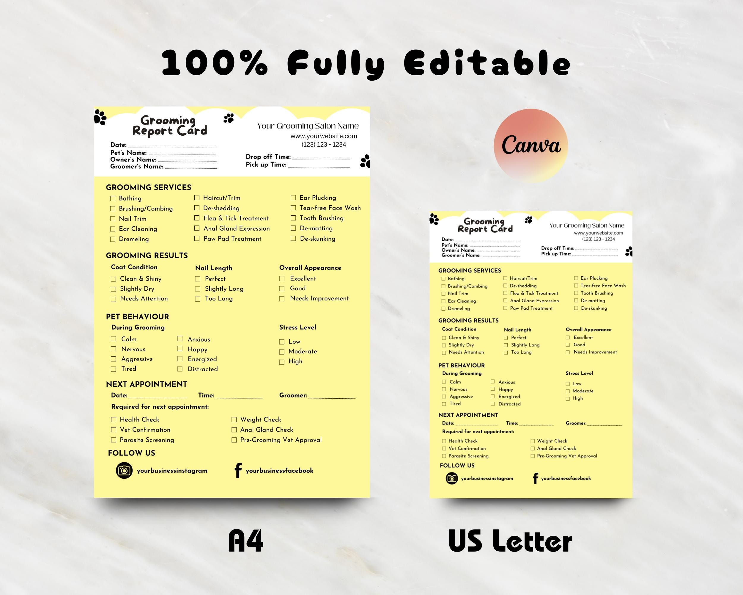 Editable Grooming Report Card Template Dog Grooming Report Card Dog ...