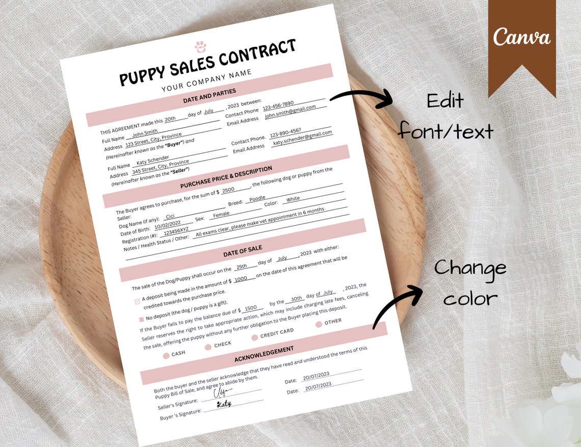 Editable Puppy Sales Contract: Breeder Forms (fillable PDF) - Etsy